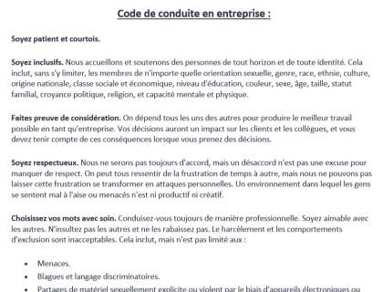 Code de conduite en entreprise