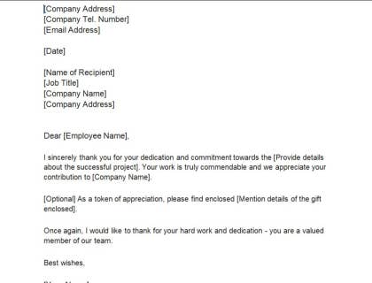 Thank You For Your Hard Work Letter